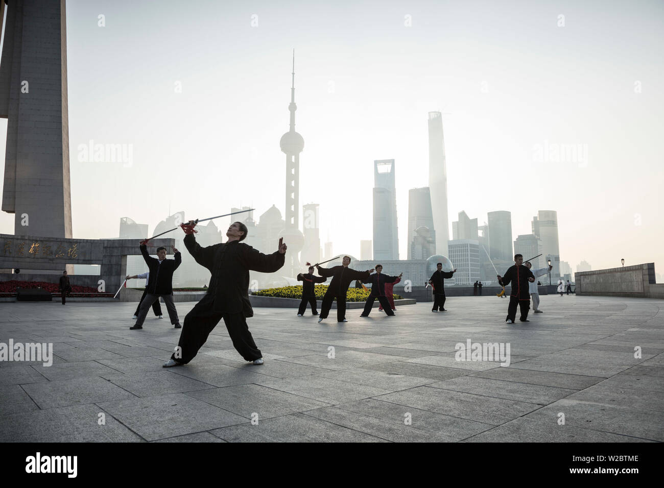 Tai Chi on The Bund (with Pudong skyline behind), Shanghai, China Stock ...