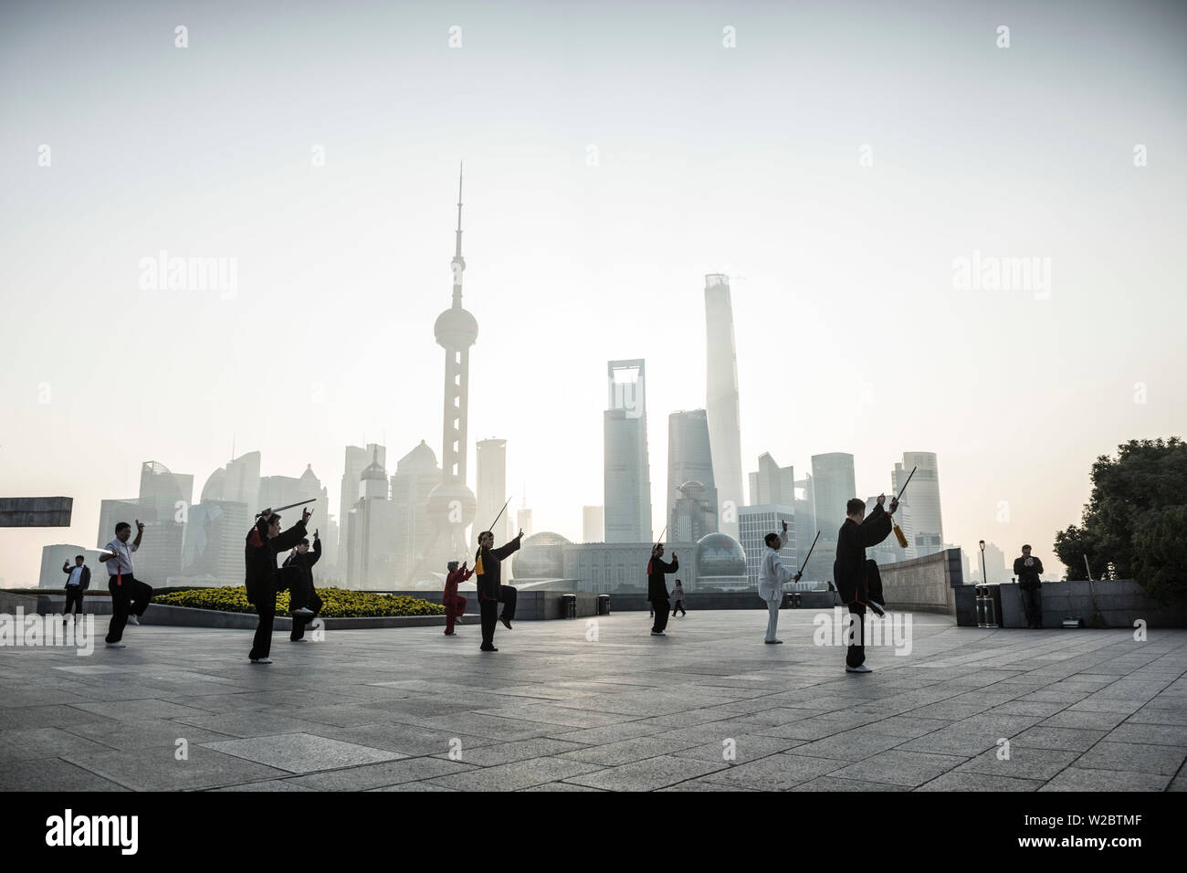 Tai Chi on The Bund (with Pudong skyline behind), Shanghai, China Stock ...