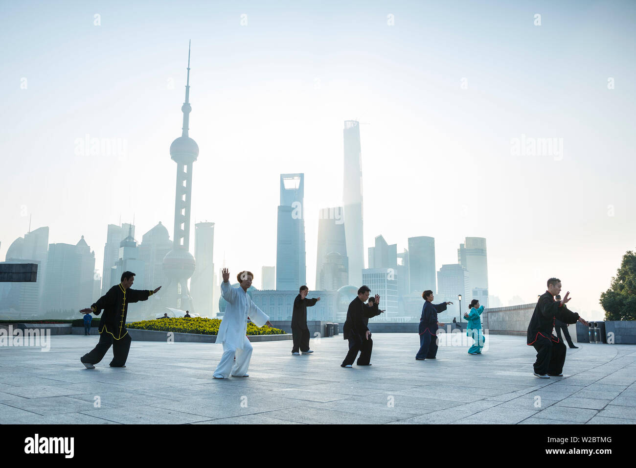 Tai Chi on The Bund (with Pudong skyline behind), Shanghai, China Stock ...