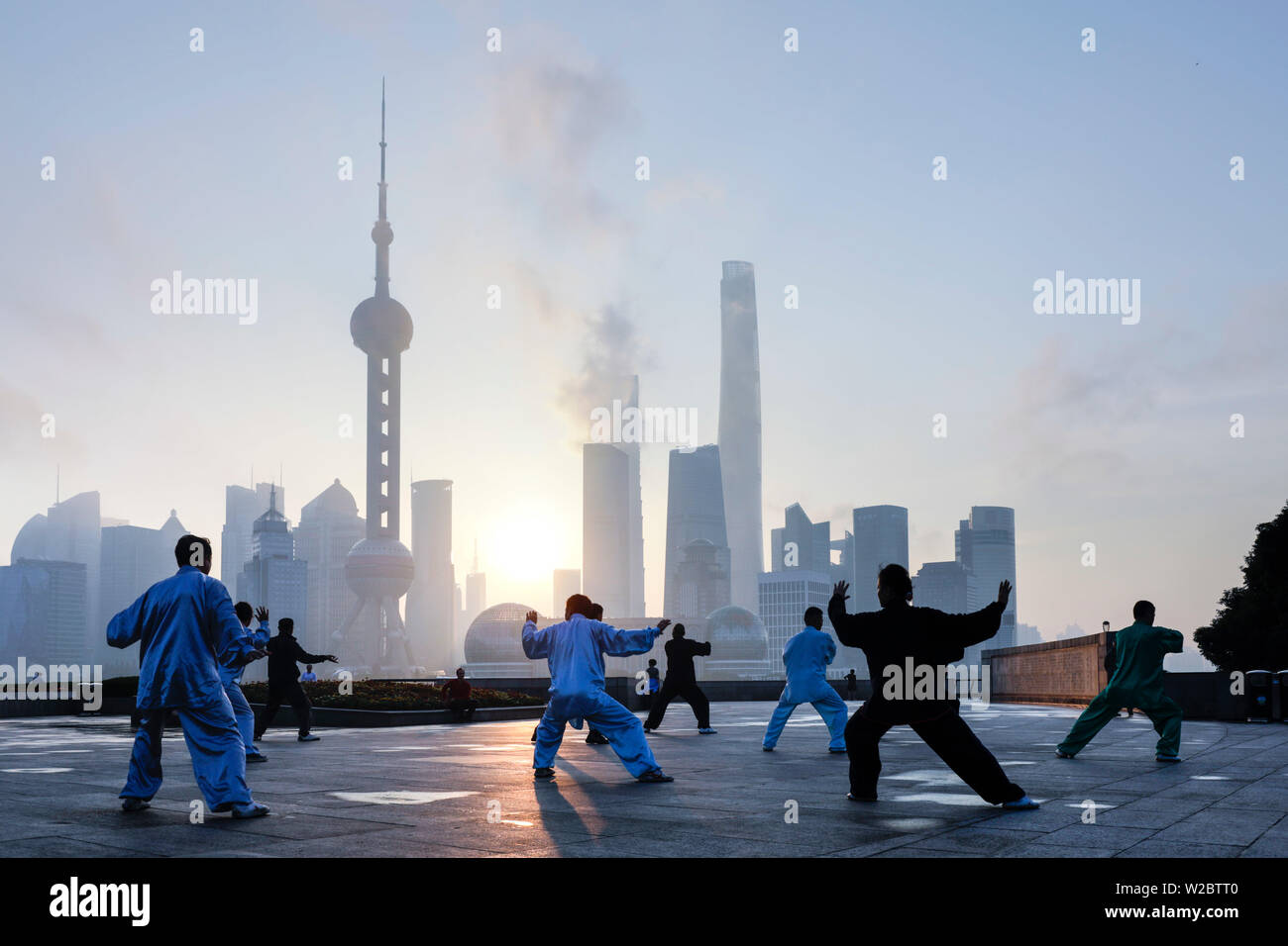 Tai Chi on The Bund (with Pudong skyline behind), Shanghai, China Stock ...