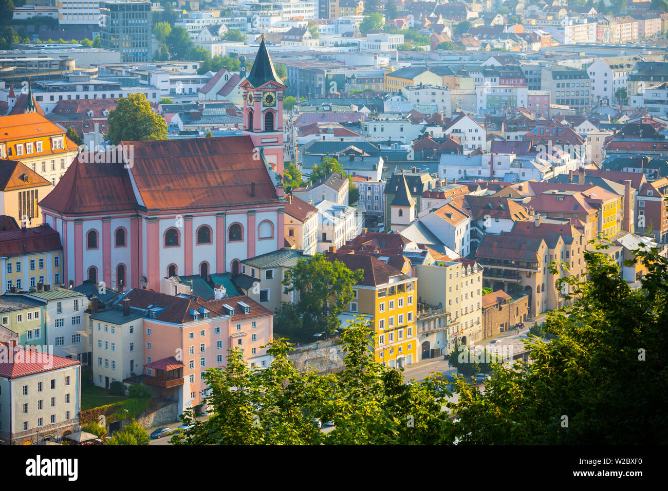 Elevated view over St. Paul's church and central Passau, Lower Bavaria ...
