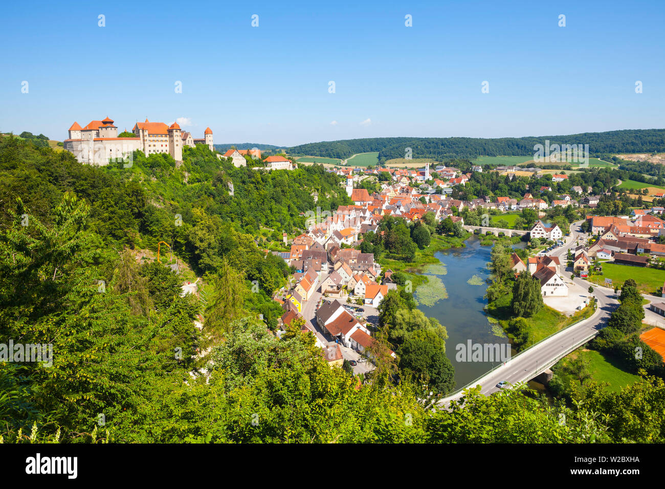 Elevated view over picturesque Harburg Castle & Old Town Center ...