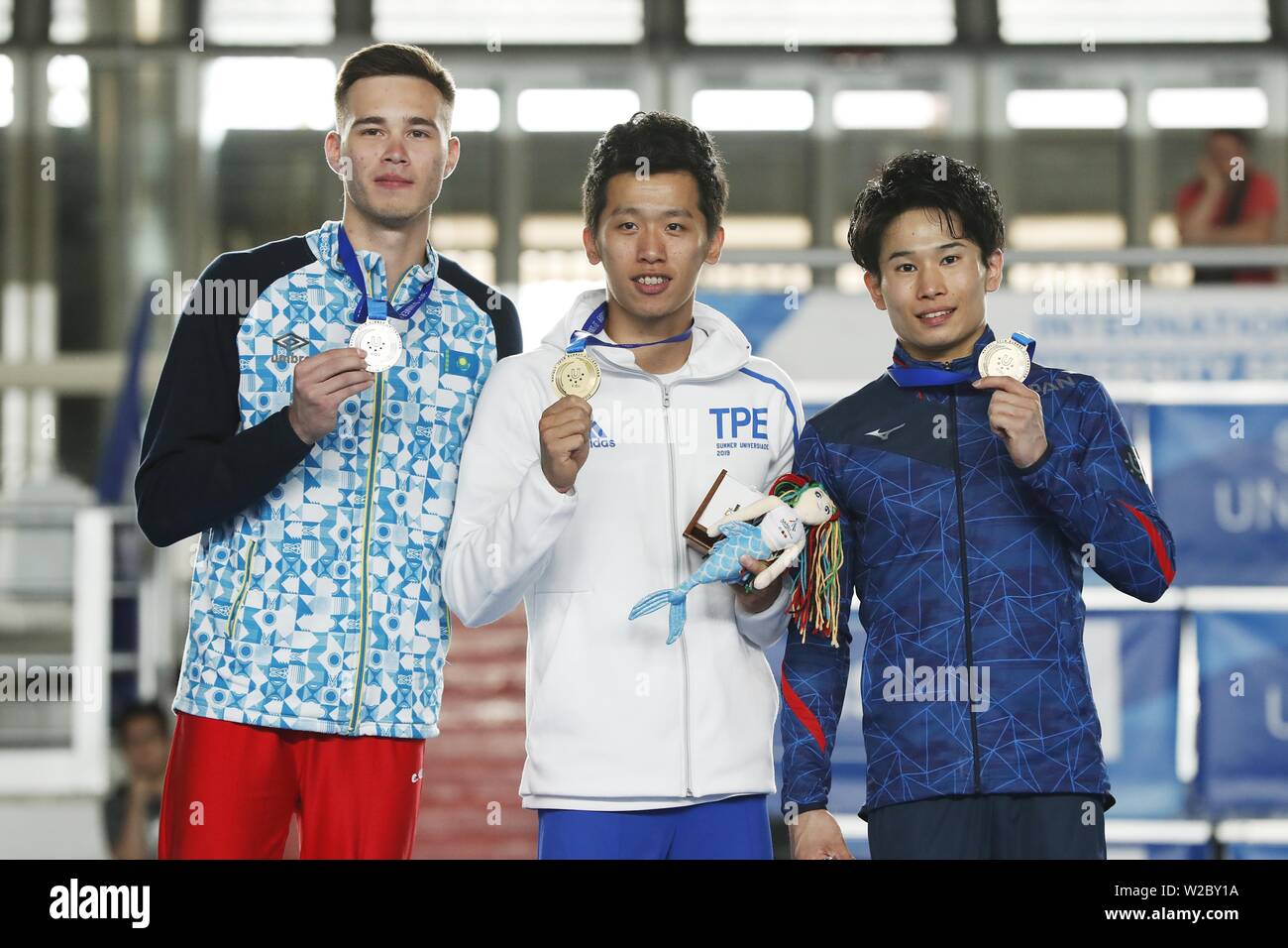 First place Lee Chih-kai of Chinese Taipei, center, Nariman Kurbanov of ...