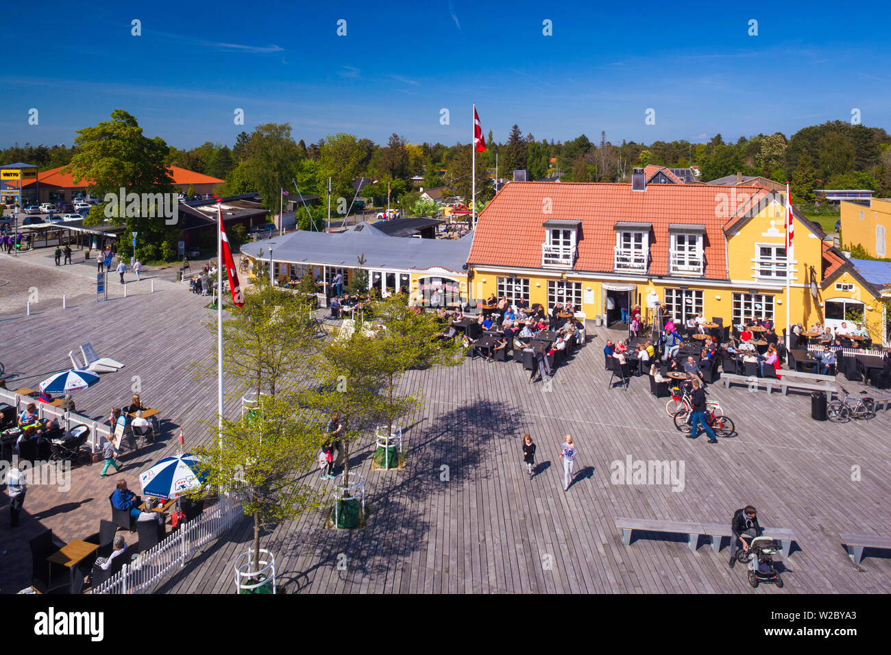 Denmark, Falster, Marielyst, beach resort boardwalk, elevated view ...