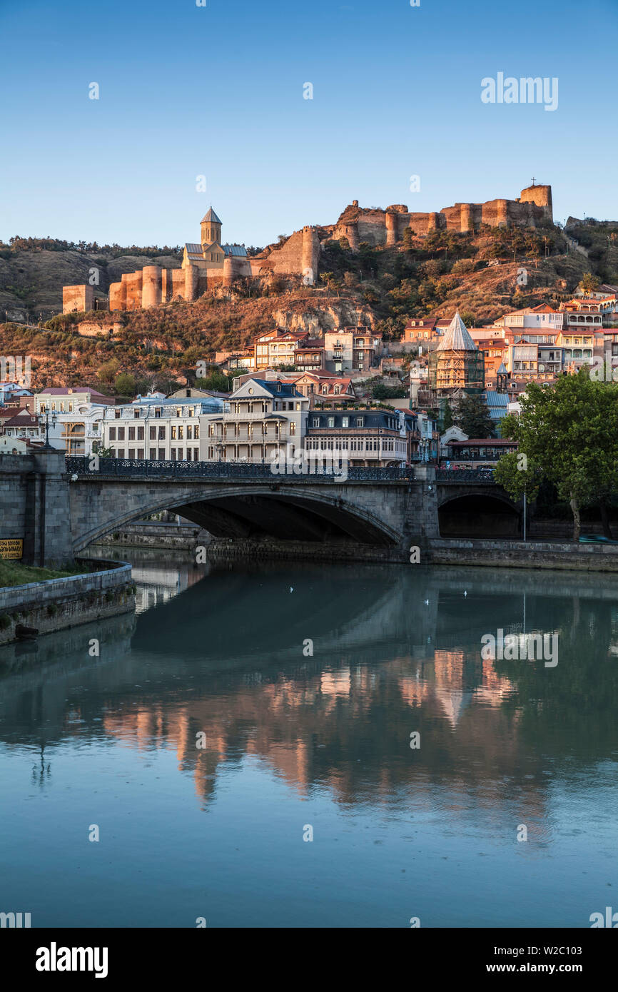 Georgia, Tbilisi, View of Mtkvari (Kura) river, Metekhi bridge, Old ...