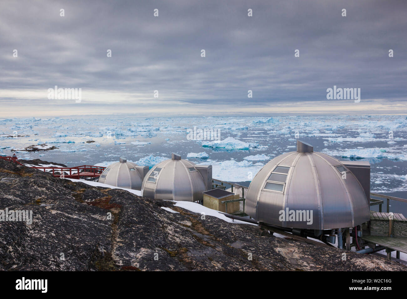 Greenland, Disko Bay, Ilulissat, waterfront igloo houses Stock Photo ...