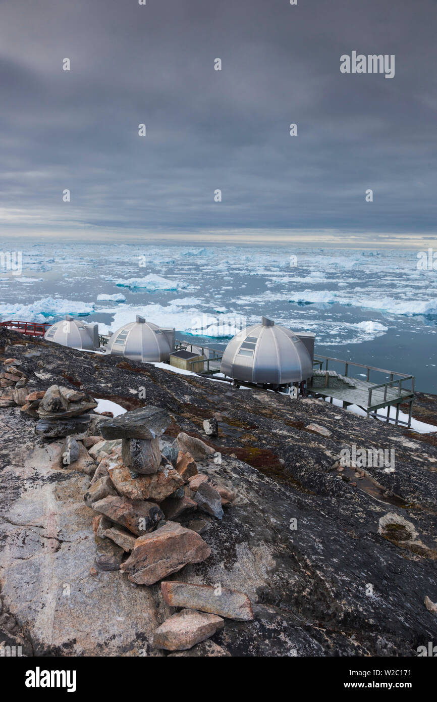 Greenland, Disko Bay, Ilulissat, waterfront igloo houses Stock Photo ...
