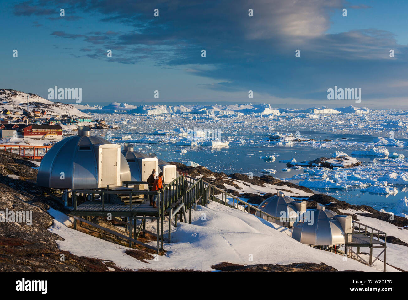 Greenland, Disko Bay, Ilulissat, waterfront igloo houses Stock Photo ...