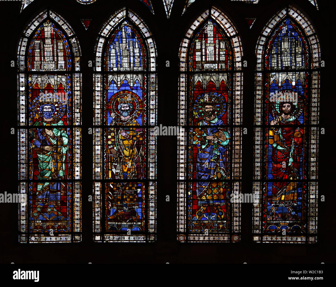 A stained glass window depicting L to R Charles Martel, Charlemagne ...