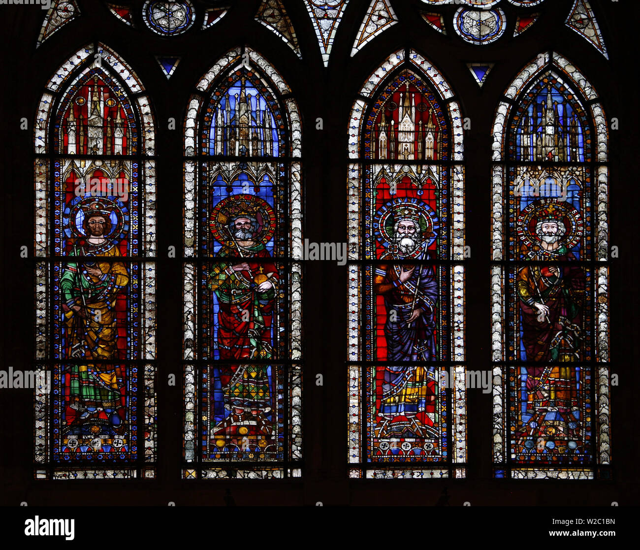 A 13th century stained glass window depicting Kings Philip, Henry ...