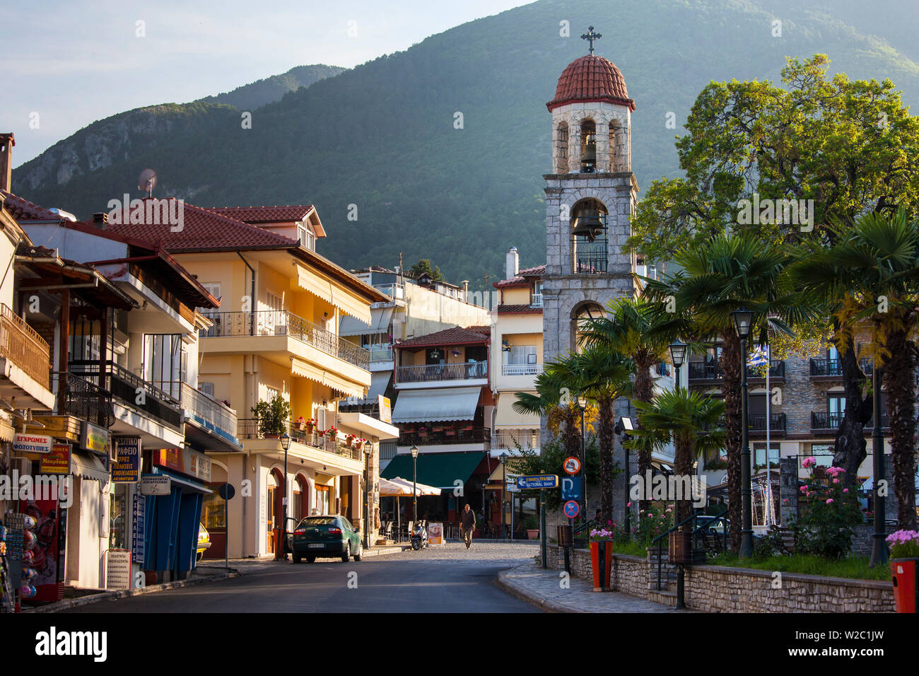 Greece, Central Macedonia Region, Litohoro, town view with Agios ...