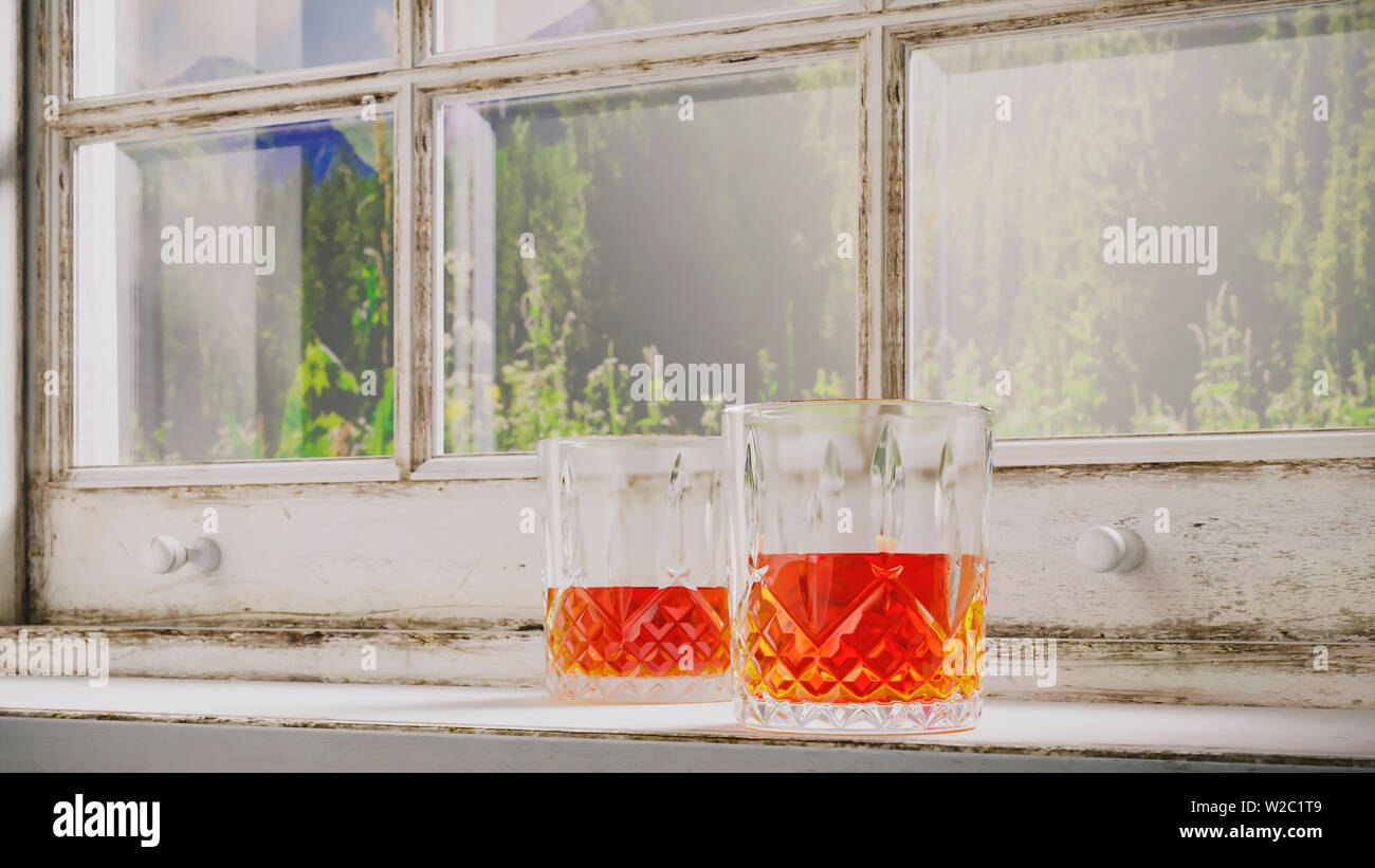 Strong alcoholic drinks, glasses of whiskey, brandy are on the ...