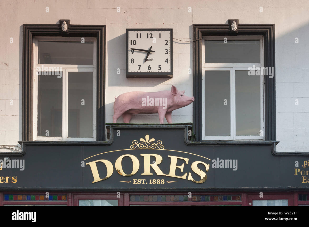 Ireland, County Kilkenny, Kilkenny City, Dores Butcher Shop, pig sign ...
