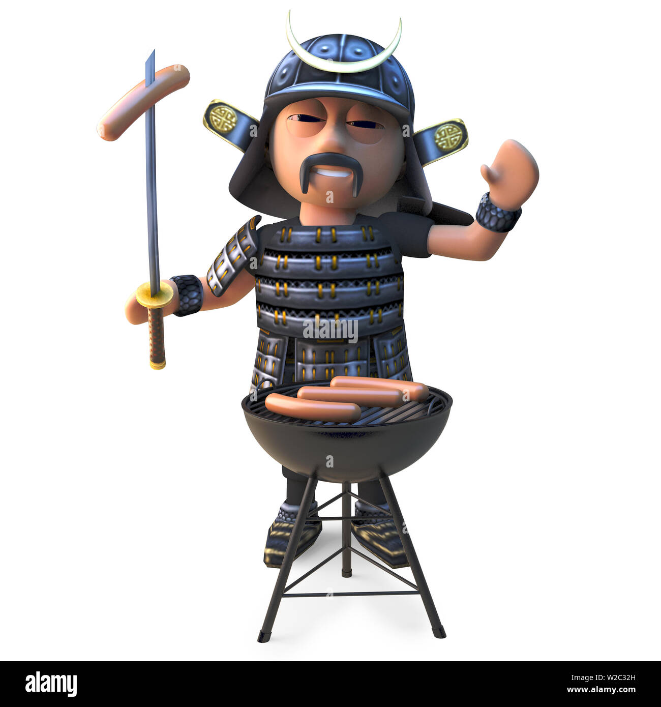 Hungry Japanese samurai warrior cooking sausages on a barbecue bbq, 3d ...