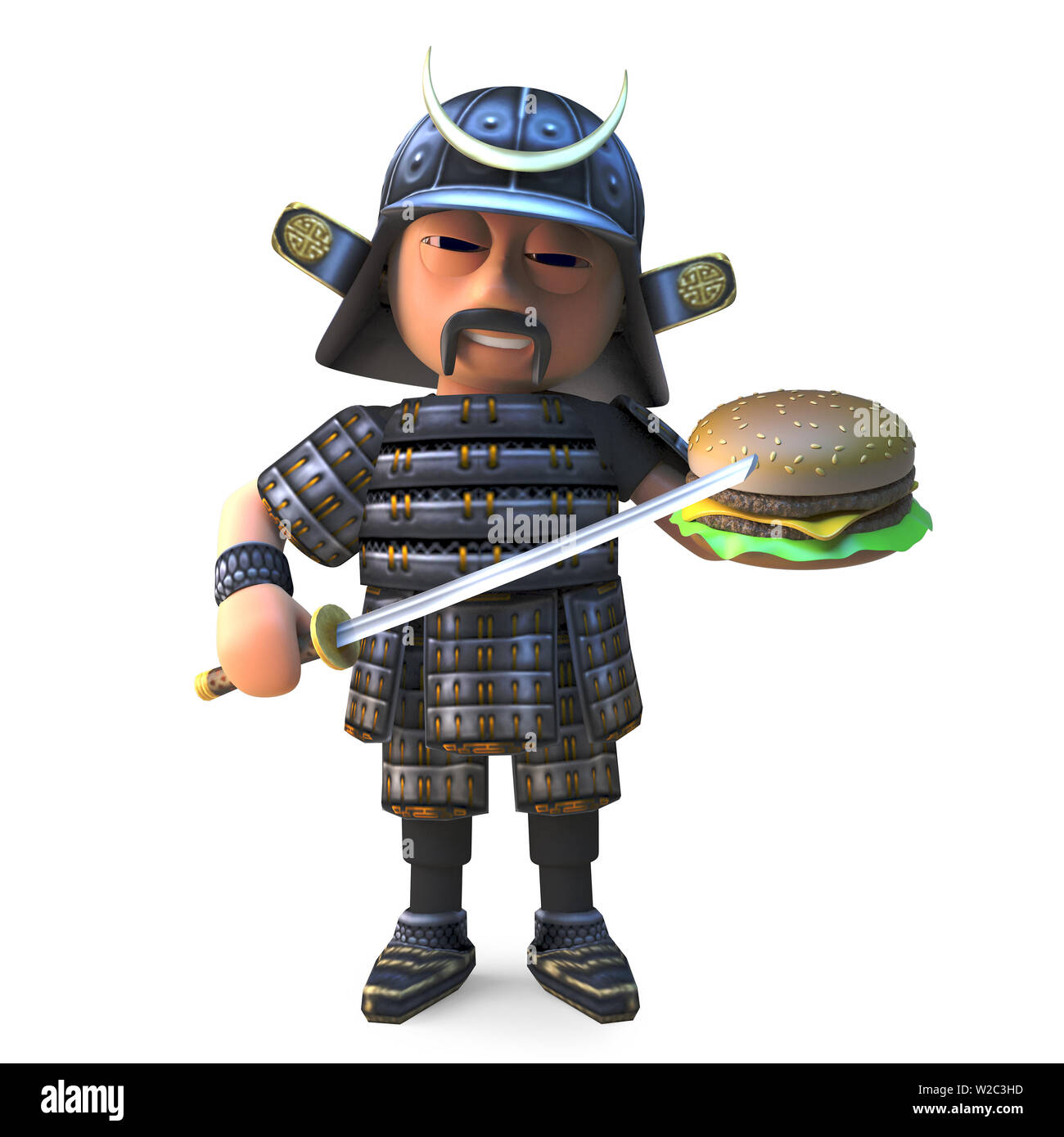 Hungry Japanese samurai warrior eating a cheese burger snack, 3d ...