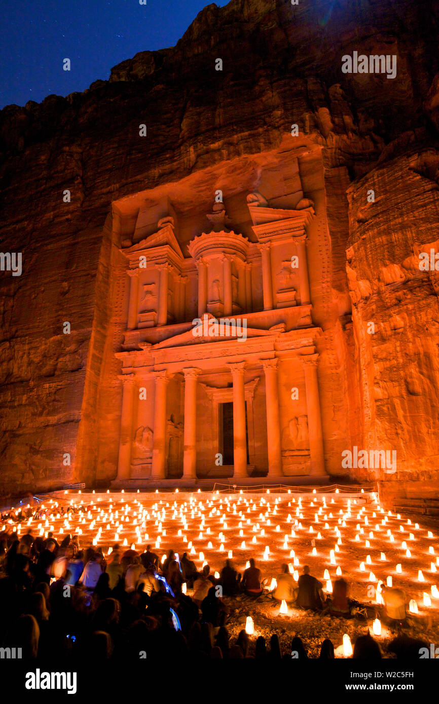 Treasury Lit By Candles At Night, Petra, Jordan, Middle East Stock ...