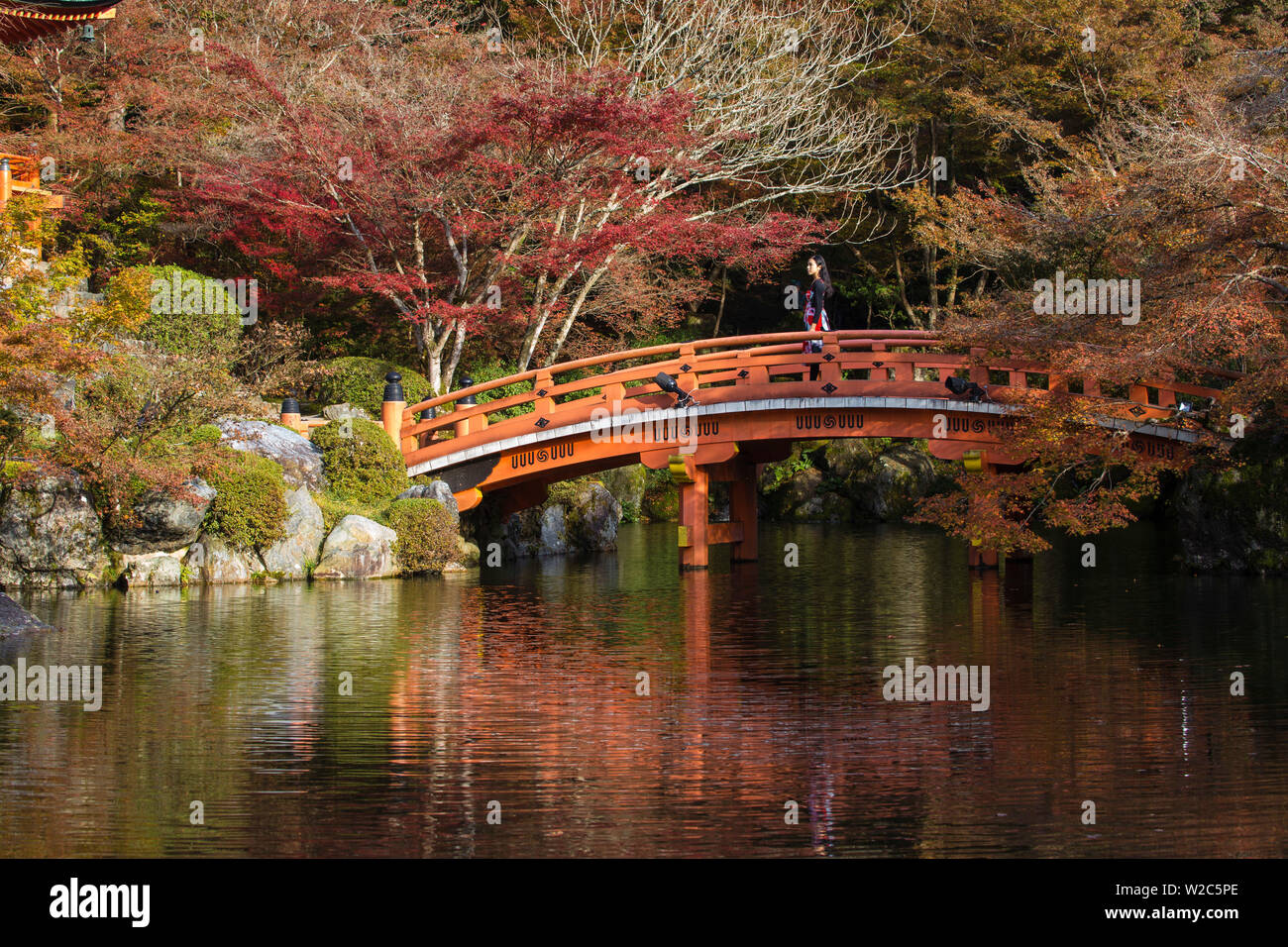 Japan, Kyoto, Daigoji Temple, Woman on bridge Bentendo Hall Stock Photo ...