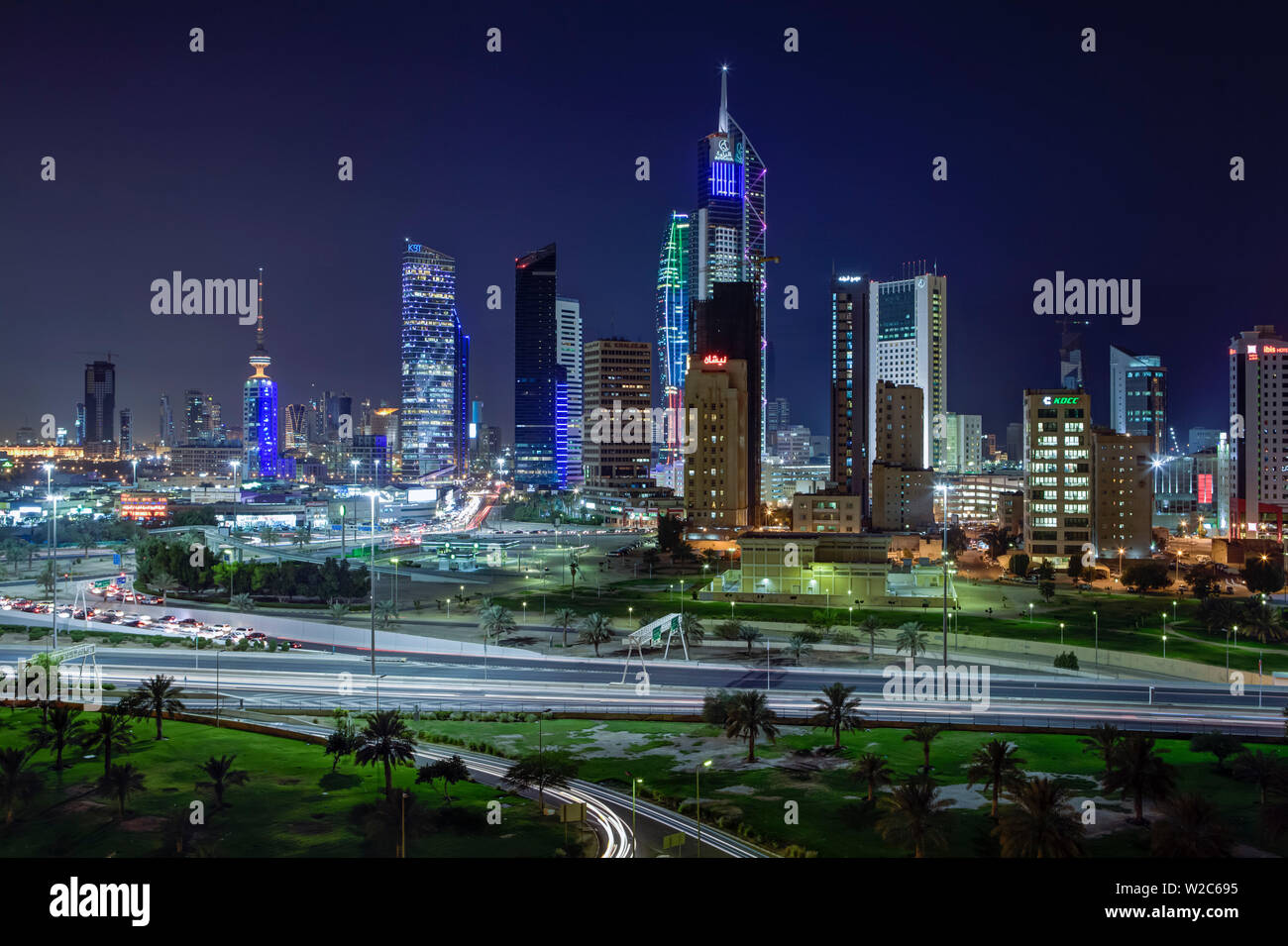 Kuwait, Kuwait City, Elevated view of the modern city skyline and ...