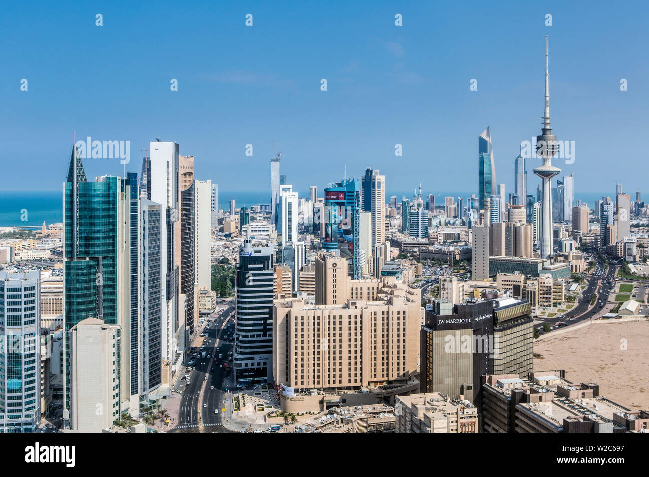Kuwait, Kuwait City, Elevated view of the modern city skyline and ...