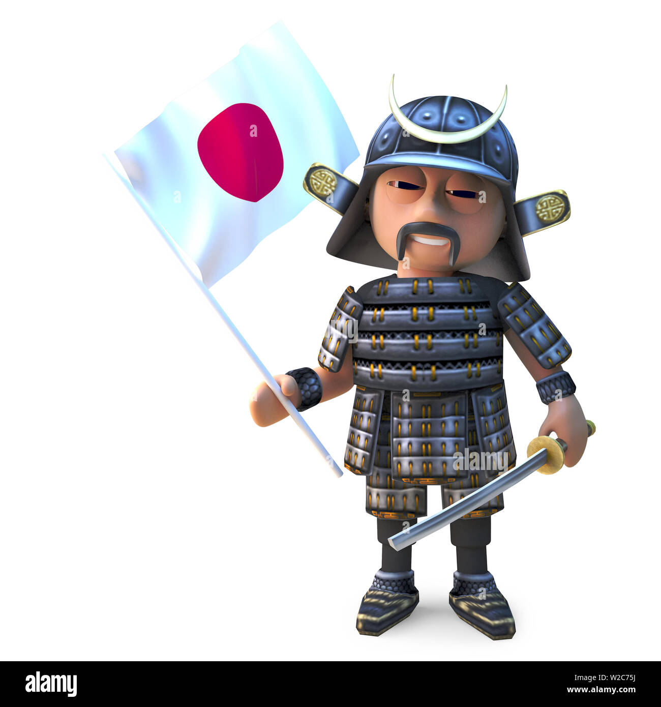Proud Japanese samurai warrior holding the Japanese flag, 3d ...