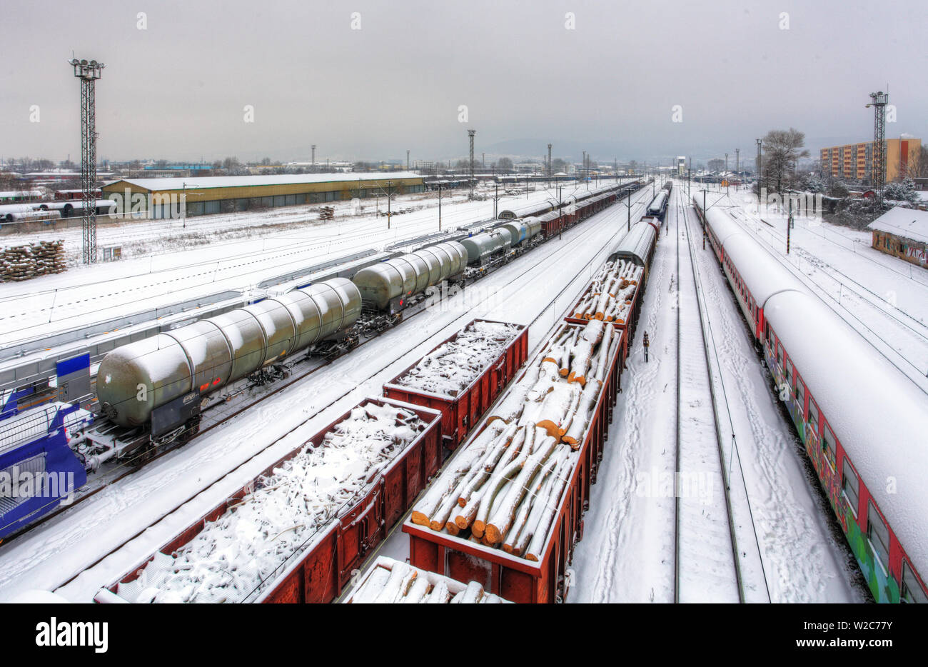 Cargo train platform at winter, railway - Freight tranportation Stock ...