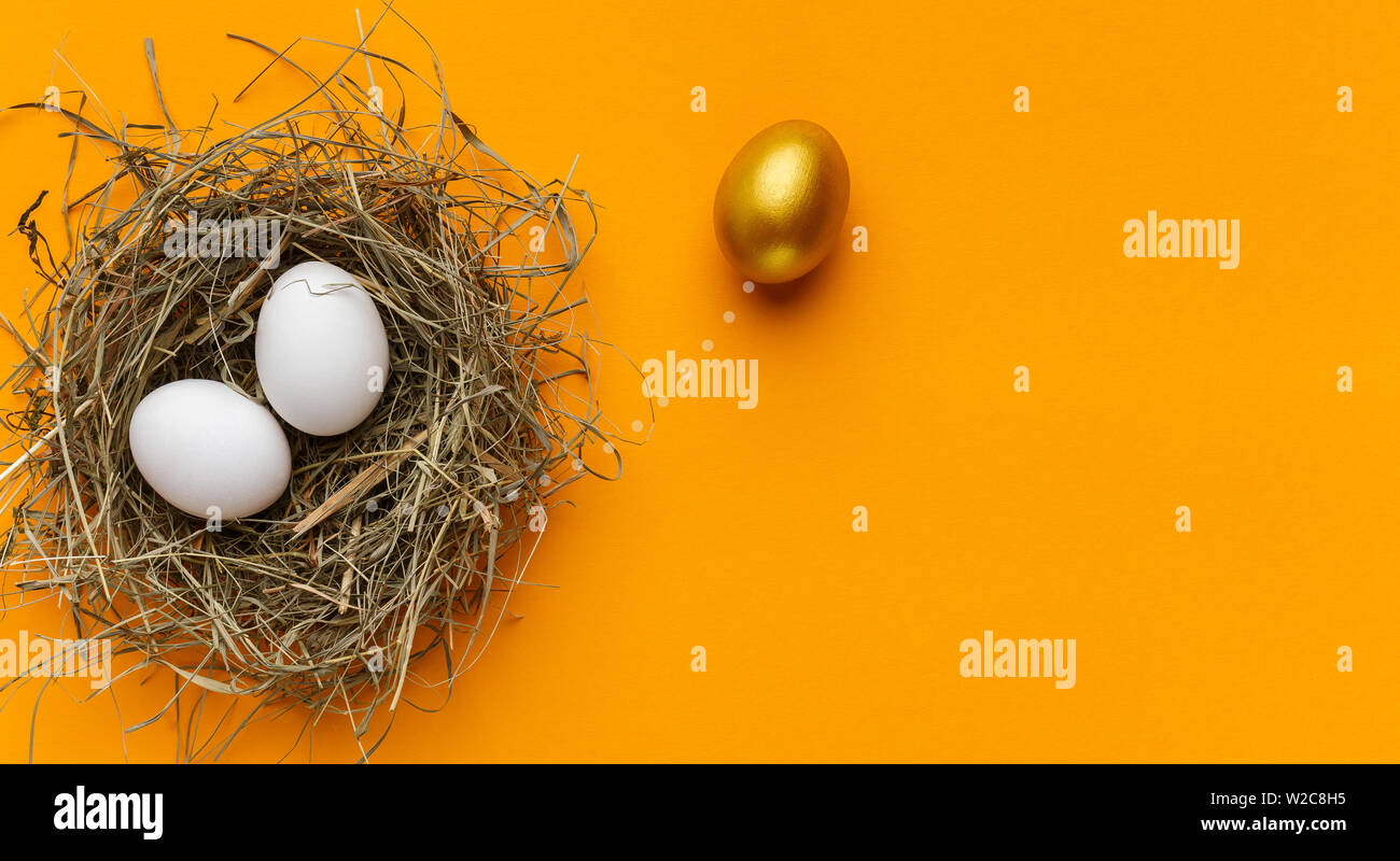 One unique golden egg standing out of two white eggs in nest Stock ...