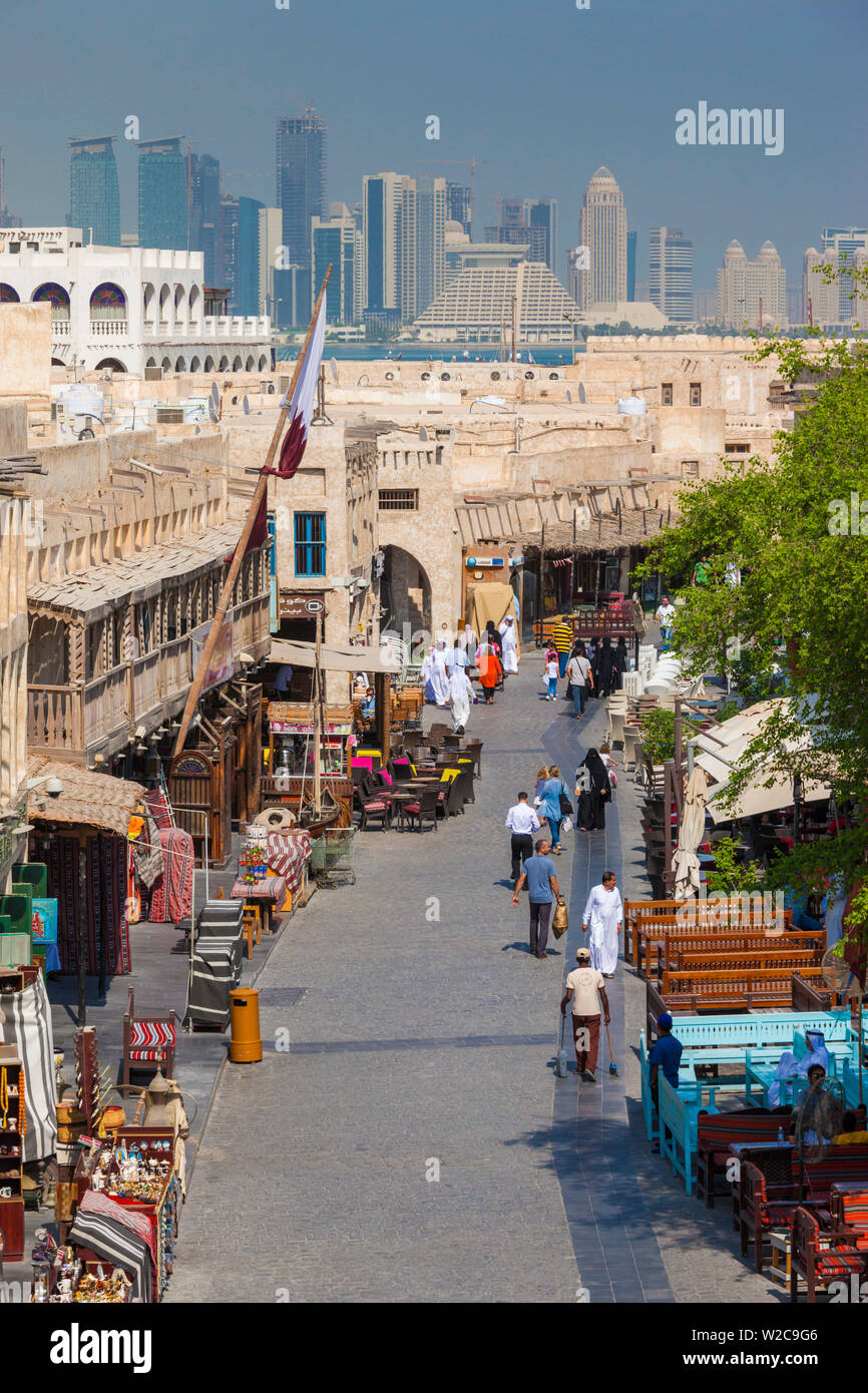 Qatar, Doha, Souq Waqif, redeveloped bazaar area, elevated view with ...