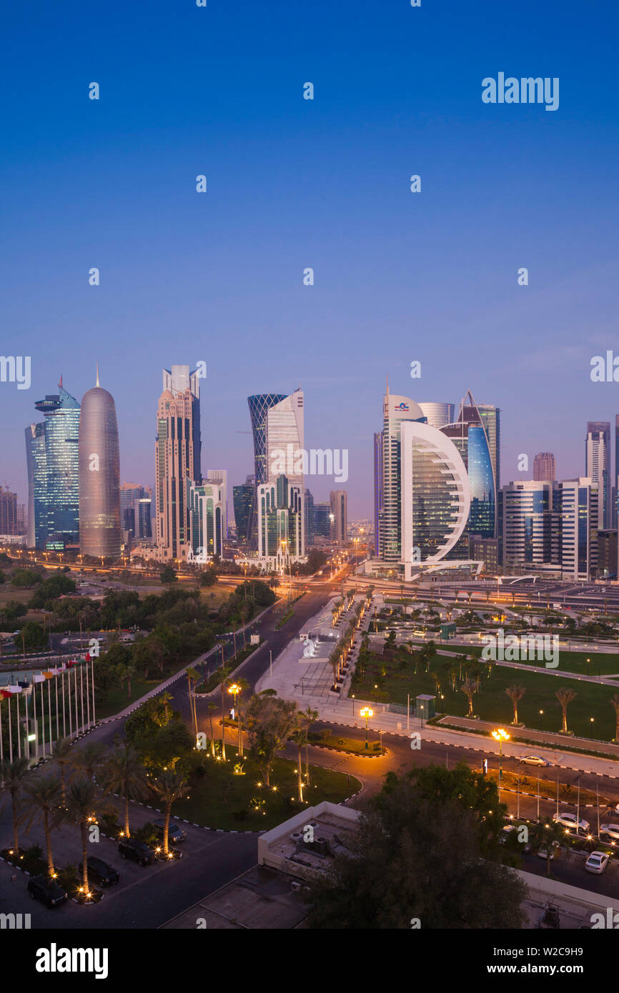 Qatar, Doha, Doha Bay, West Bay Skyscrapers, elevated view, dawn Stock ...