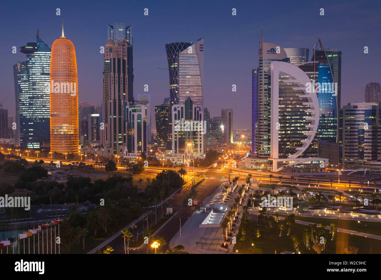 Qatar, Doha, Doha Bay, West Bay Skyscrapers, elevated view, dawn Stock ...