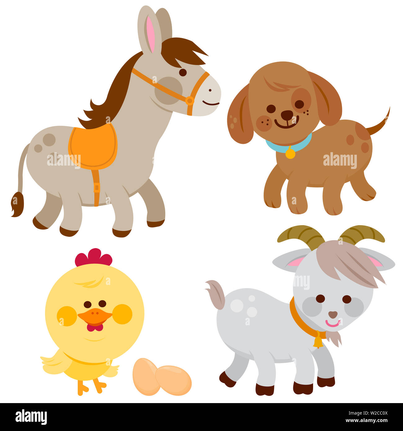 Illustration collection of farm animals on white background: donkey ...