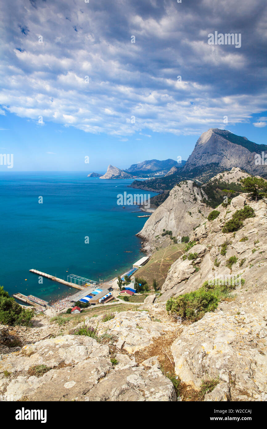 Ukraine, Crimea, Sudak, View of a Sudak beach, looking towards Novy ...