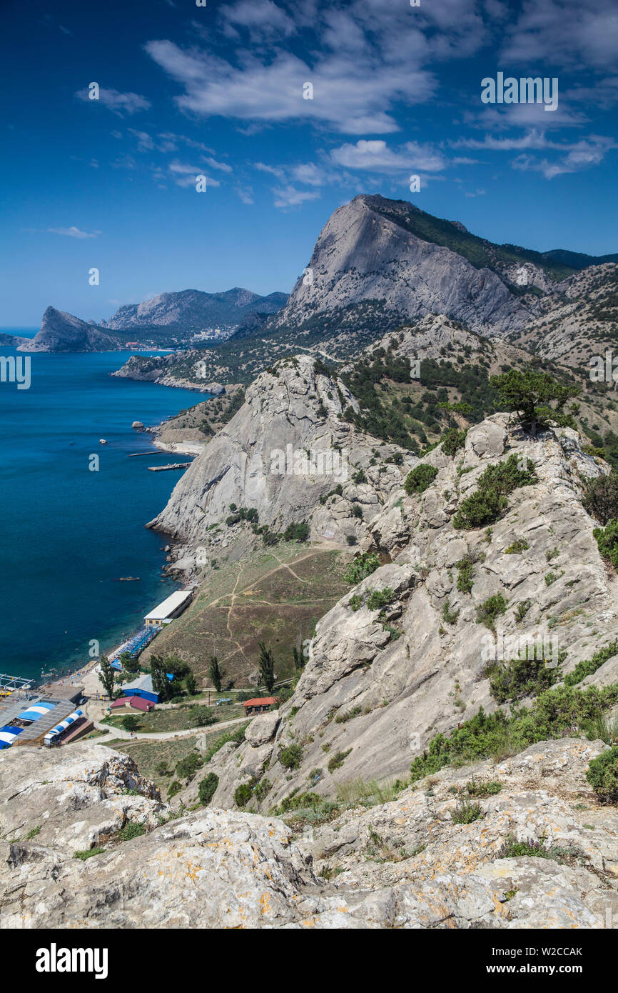 Ukraine, Crimea, Sudak, View of a Sudak beach, looking towards Novy ...