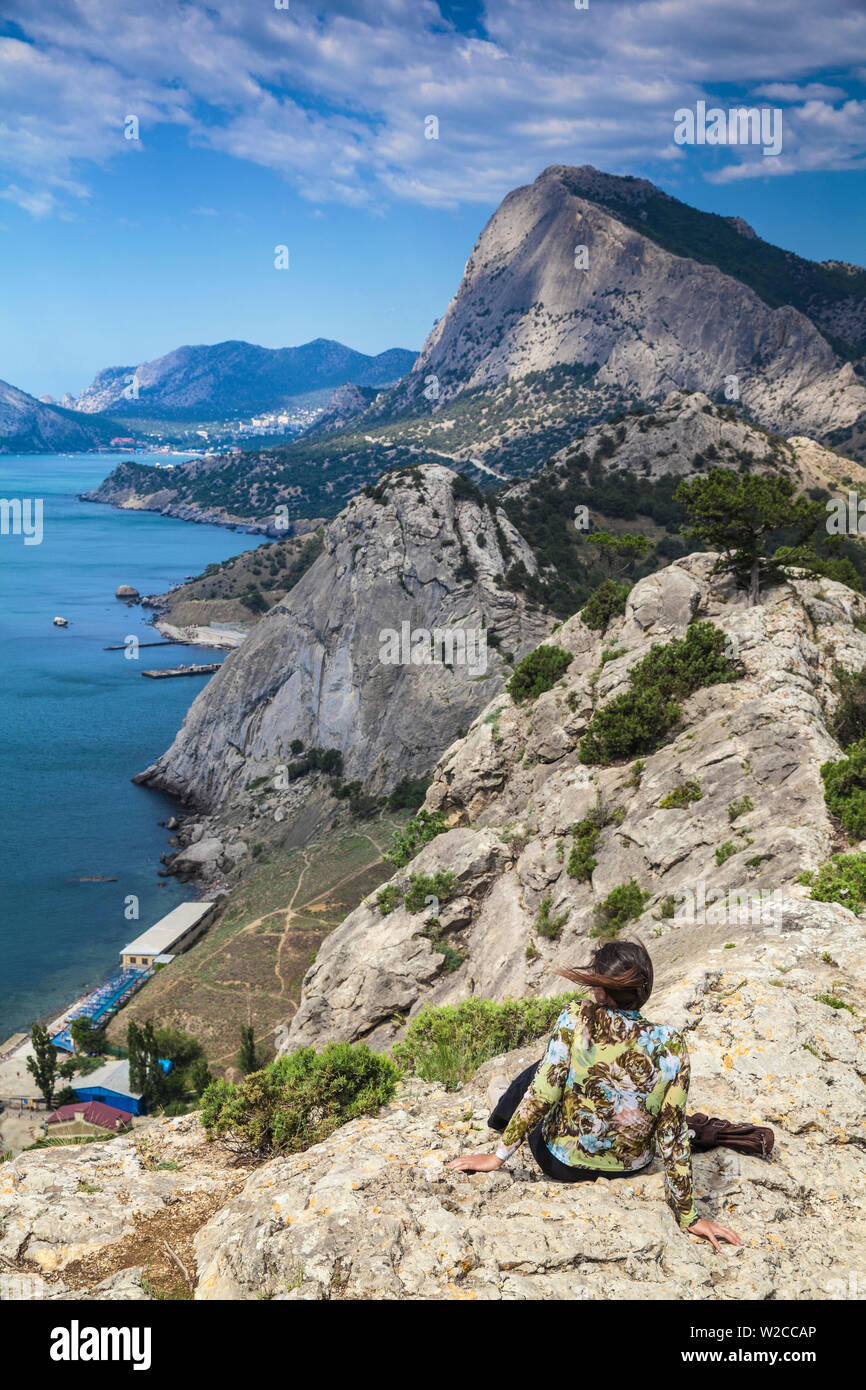 Ukraine, Crimea, Sudak, View of a Sudak beach, looking towards Novy ...