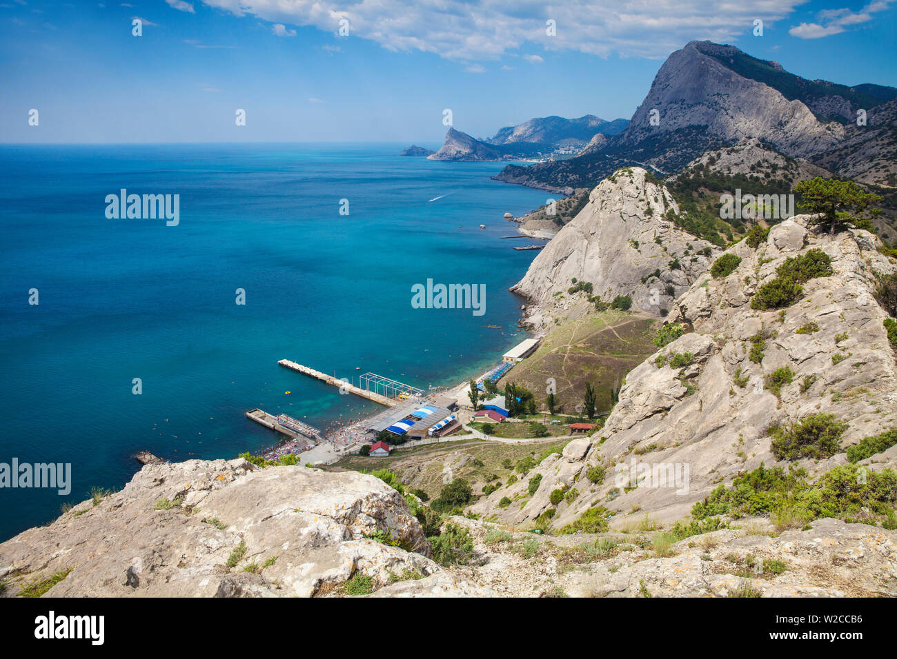 Ukraine, Crimea, Sudak, View of a Sudak beach, looking towards Novy ...
