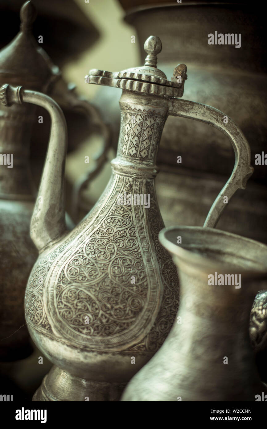 Engraved metal water jugs, Madinat Jumeirah Souk, Dubai, United Arab ...
