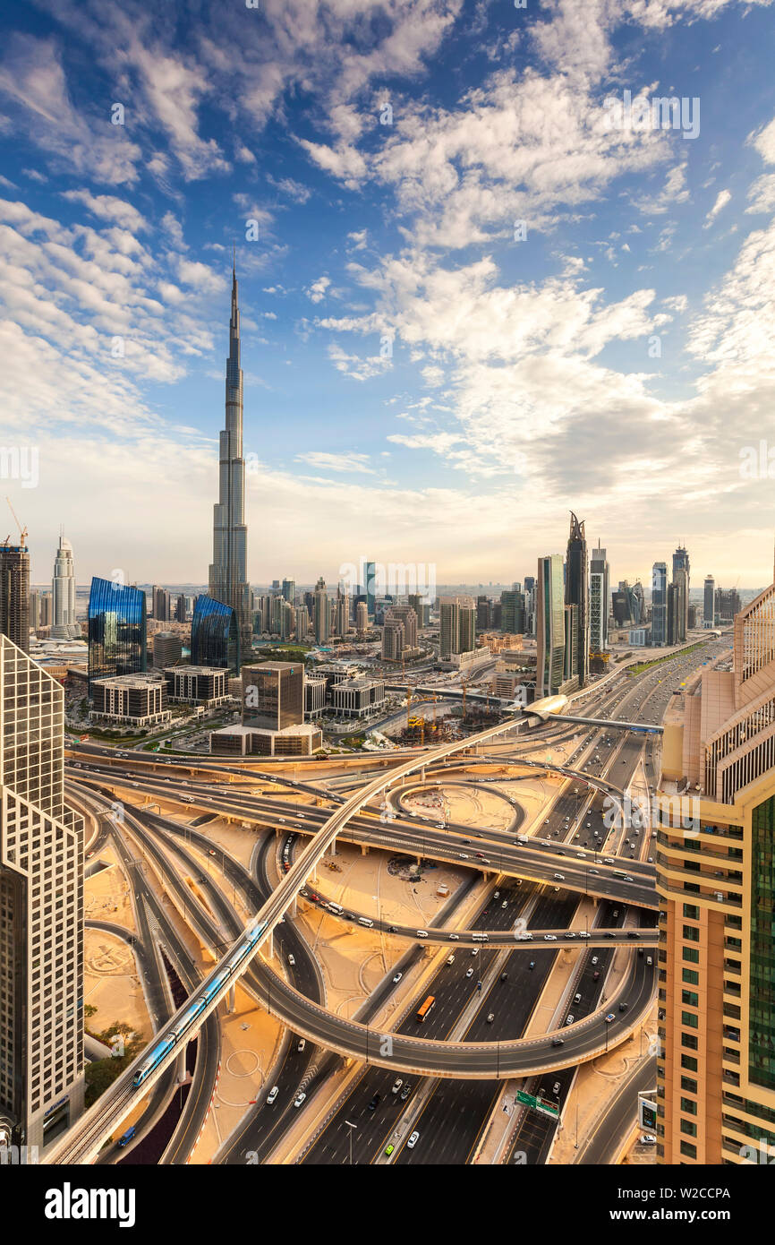 The Burj Khalifa Dubai, elevated view across Sheikh Zayed Road and ...