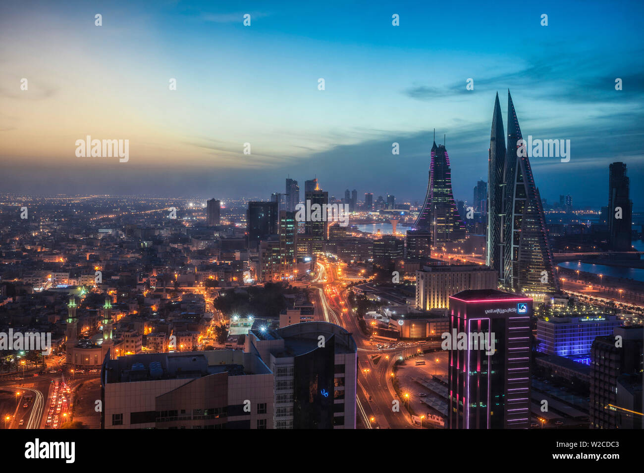 Bahrain, Manama, City center skyline looking towards Bahrain World ...
