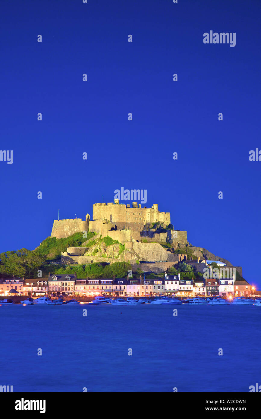 Mont Orgueil Castle and Gorey Harbour at Dusk, Gorey, Jersey, Channel ...