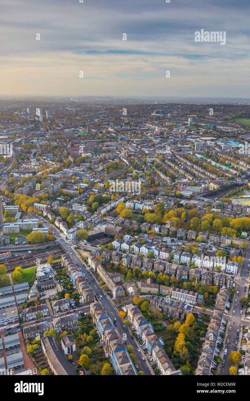 Aerial view from helicopter, North East suburbs of London, England ...