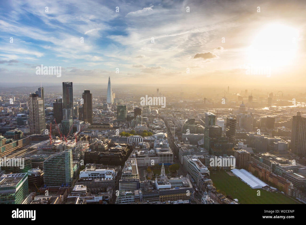 Aerial view from helicopter, The Shard & City of London, London ...