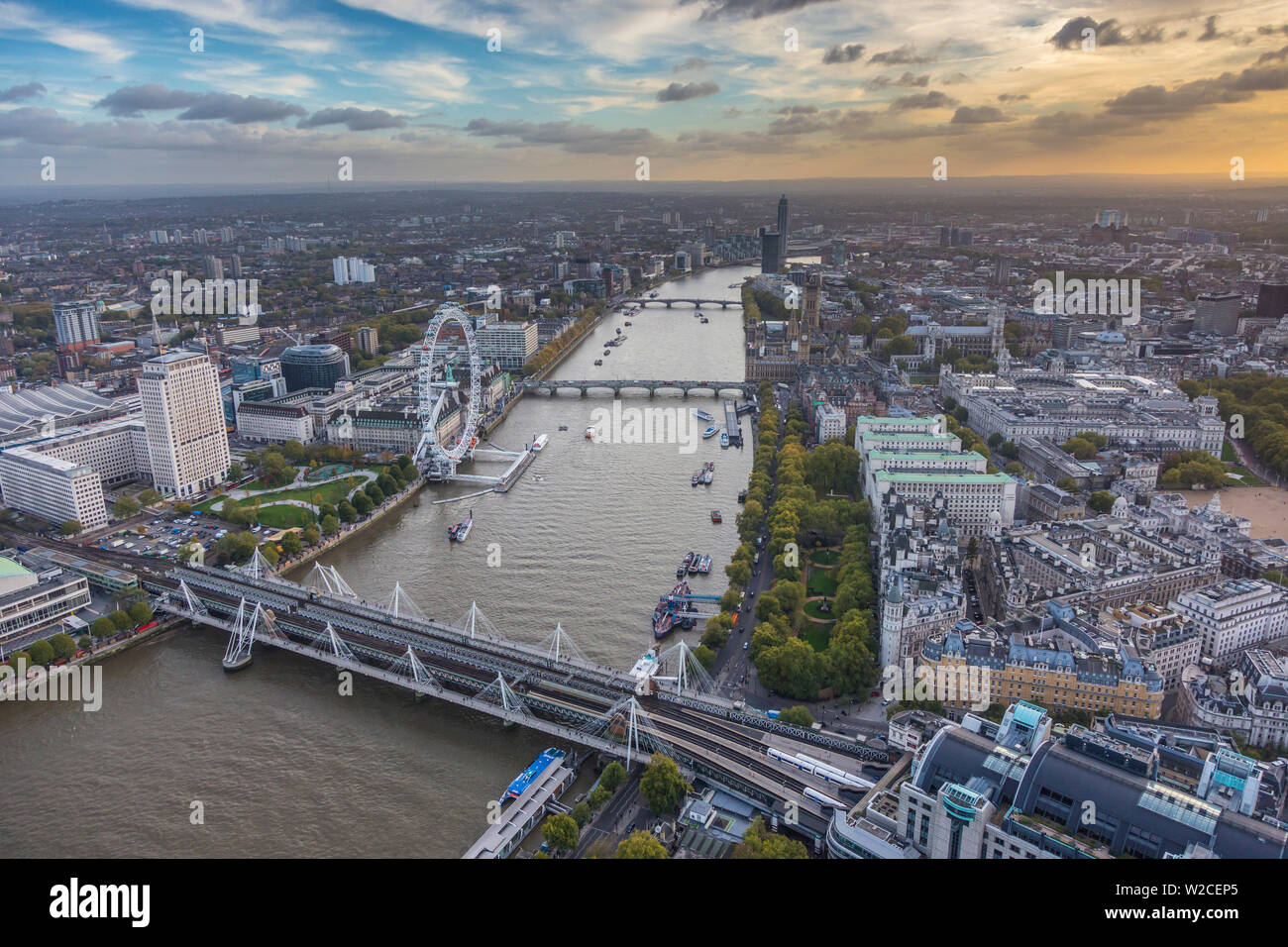 Aerial view from helicopter, Houses of Parliament, River Thames, London ...
