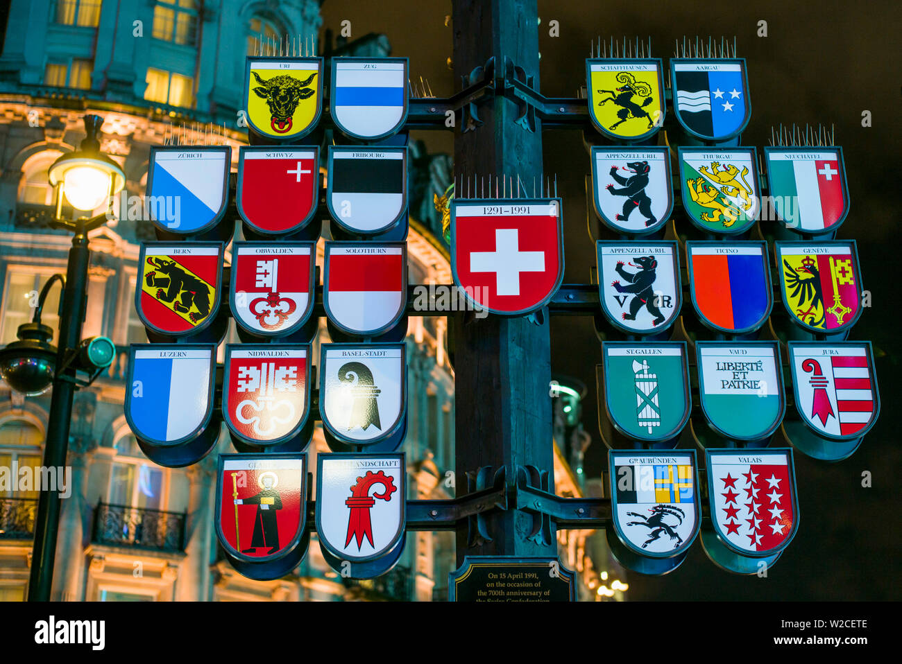 England, London, Soho, Leicester Square, Swiss canton shields Stock ...