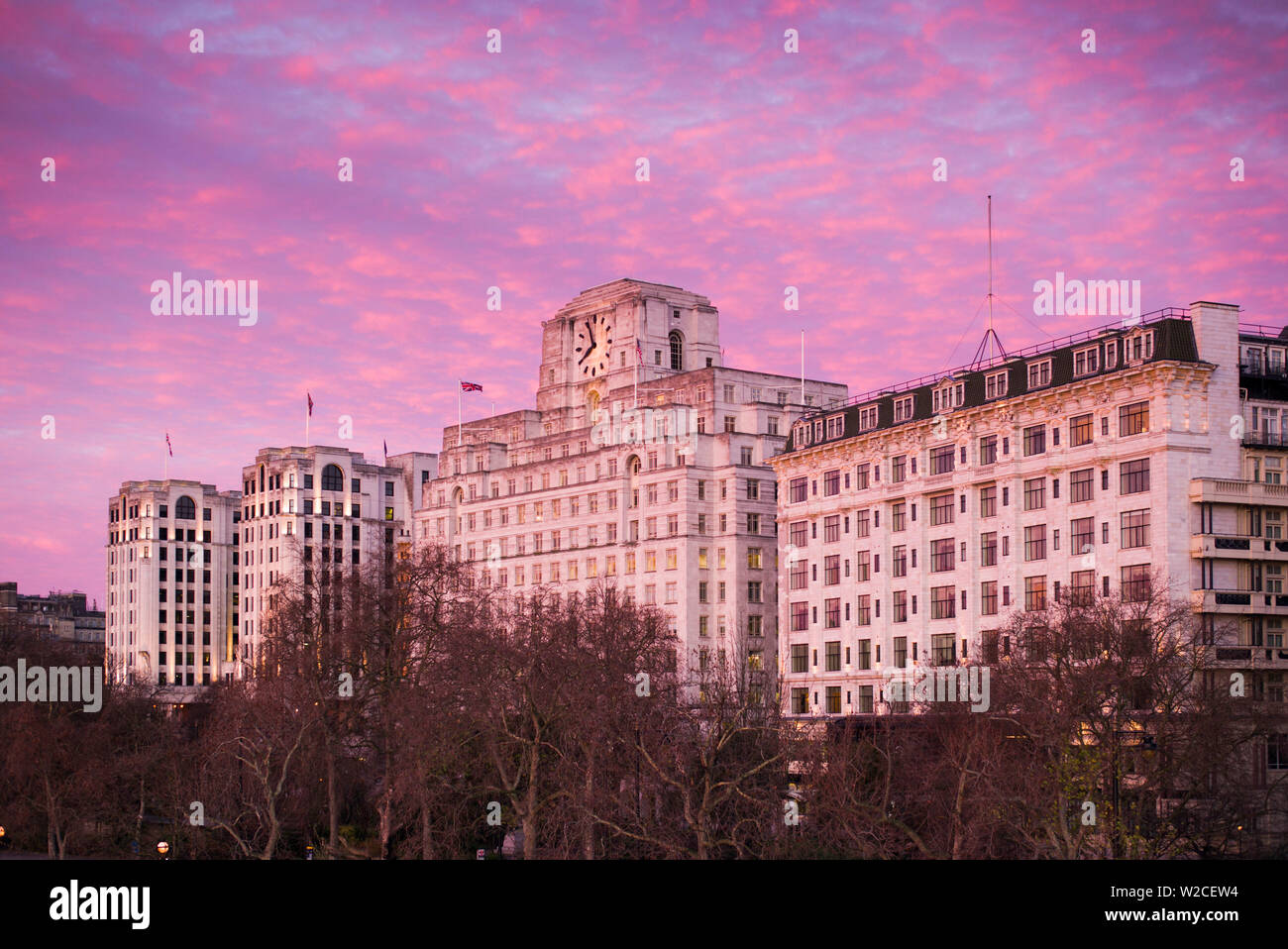 England, London, Victoria Embankment, buildings along Thames River ...