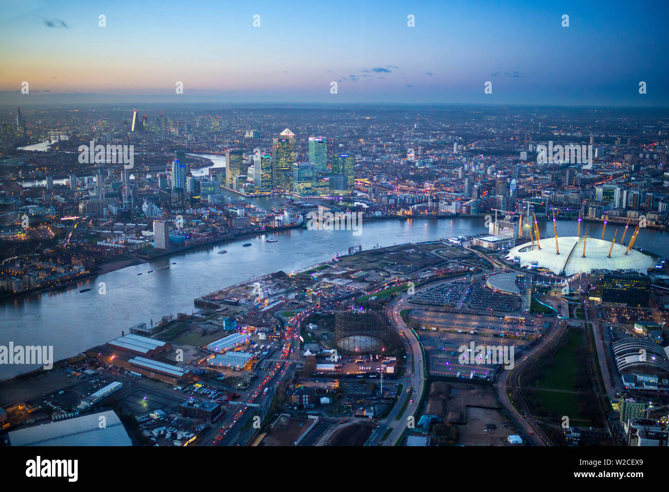 Aerial view over O2 arena, Isle of Dogs and Canary Wharf, London ...