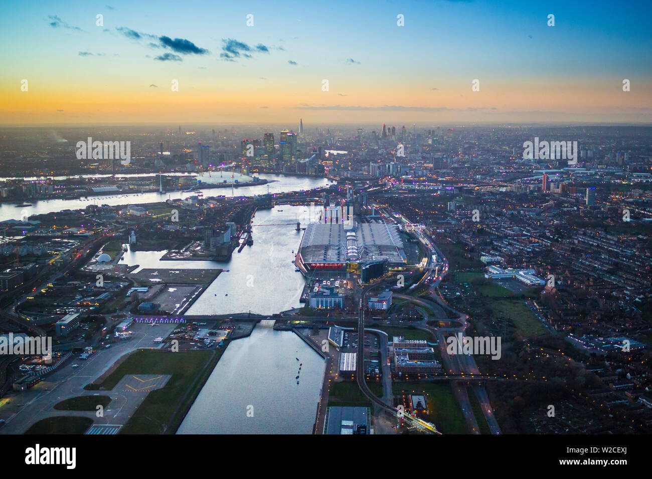 Aerial view over London Excel and Royal Victoria Dock, London, England ...