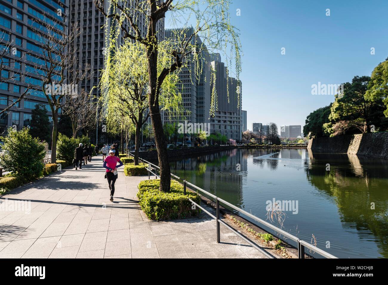 Promenade with pedestrians at the castle moat, Chiyoda, Tokyo, Japan ...