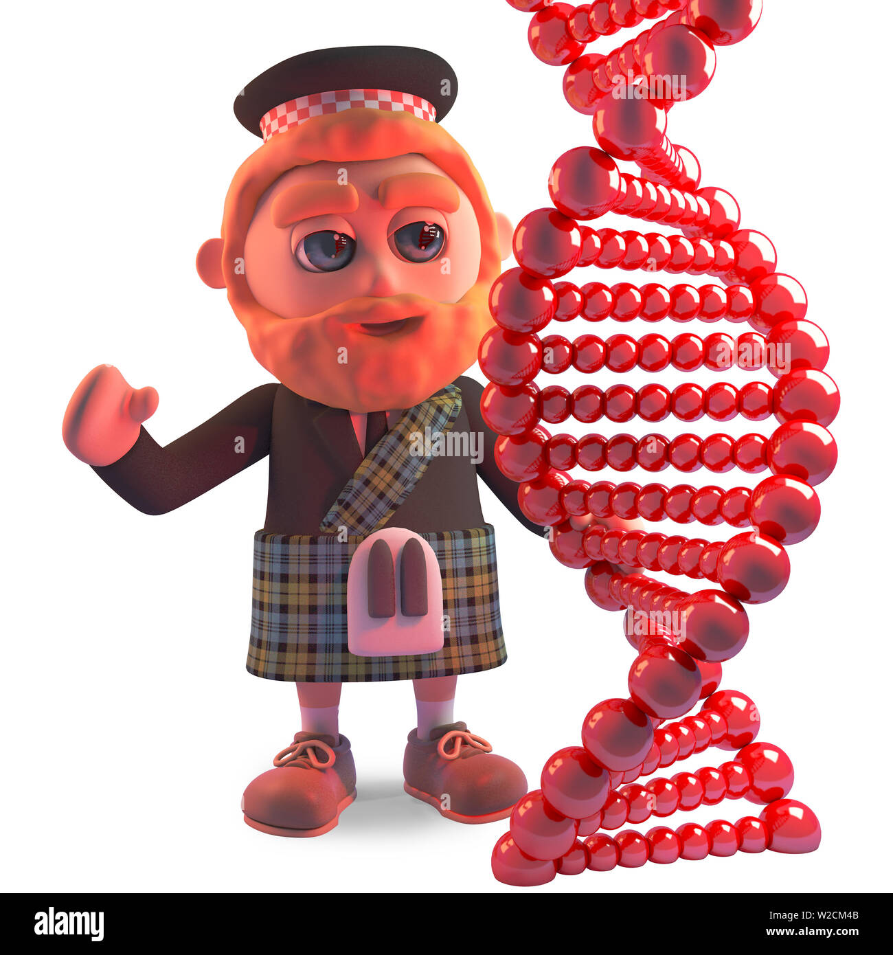 Scottish man in kilt studies a dna gene strand, 3d illustration render ...