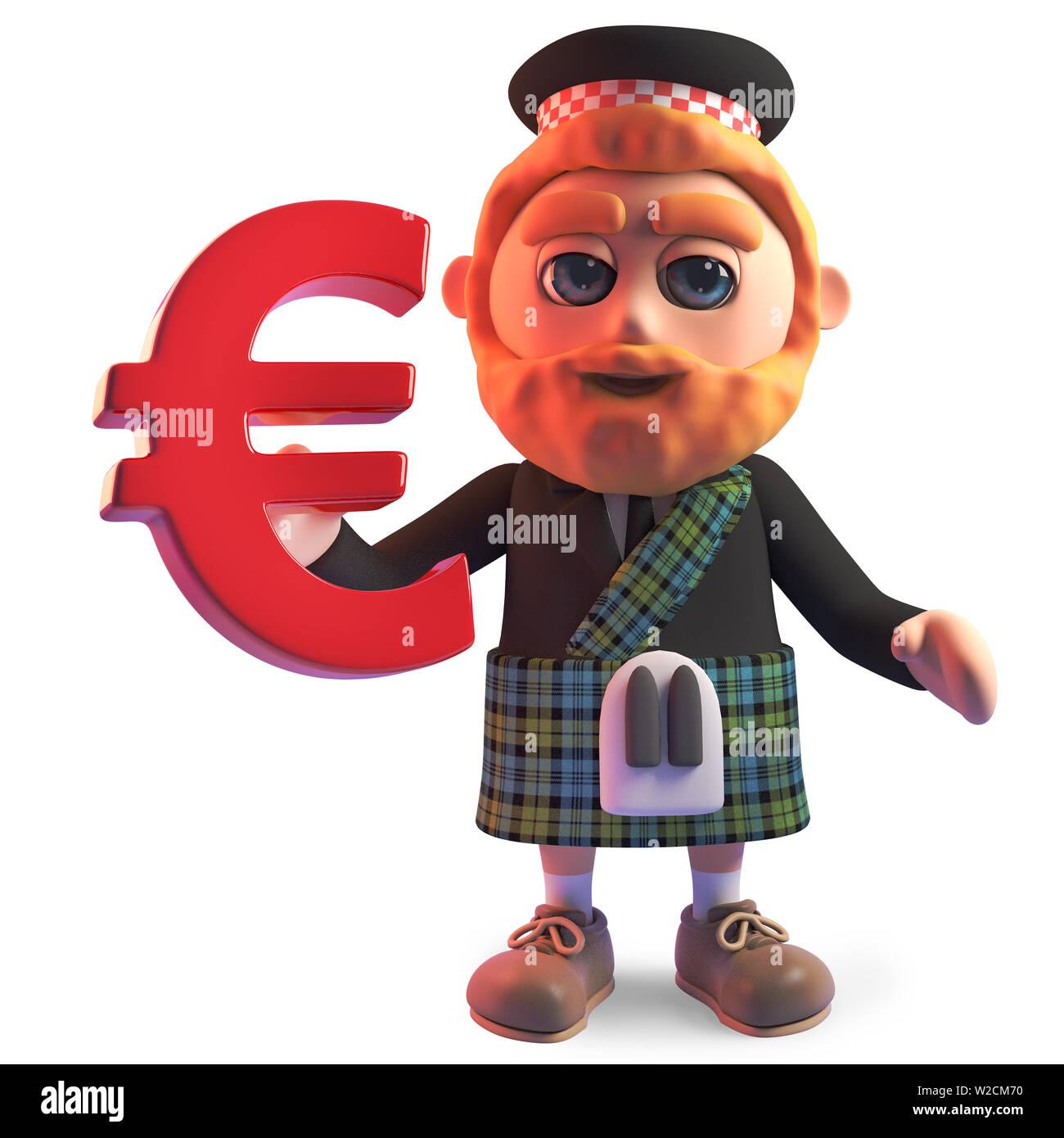 Cartoon Scottish man in traditional kilt holding a Euro currency symbol ...
