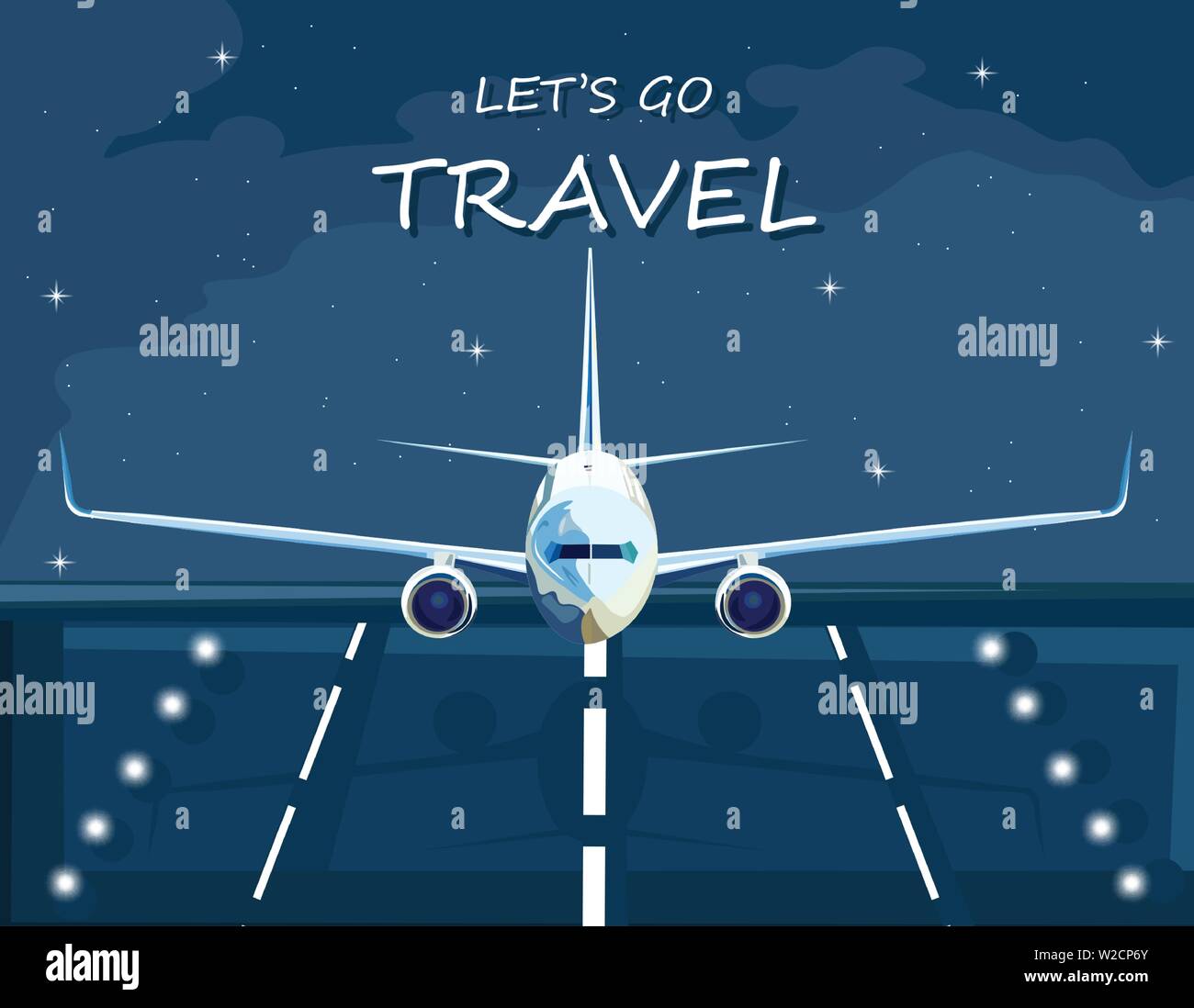 Airplane landing at night Vector flat style. Travel poster advertise ...