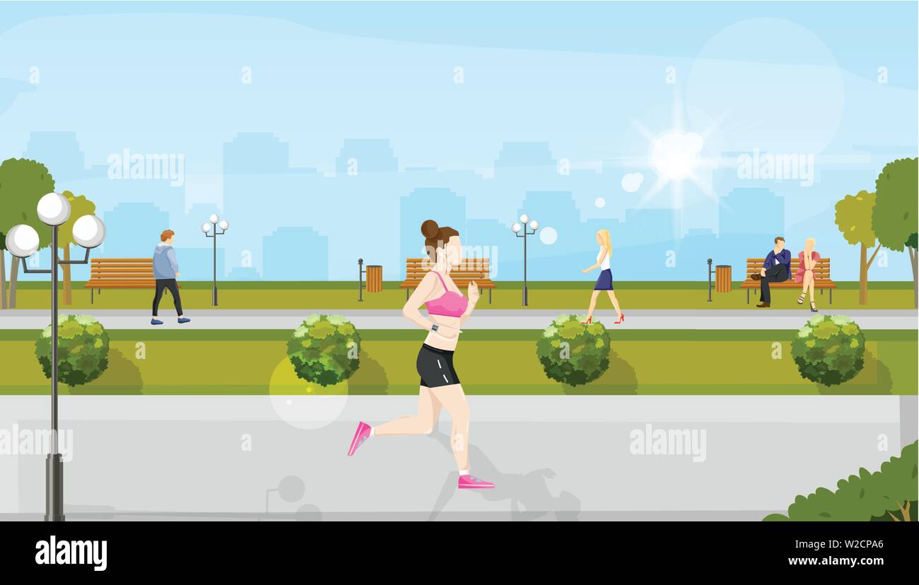 Woman running in the park Vector flat style. Nature summer background ...